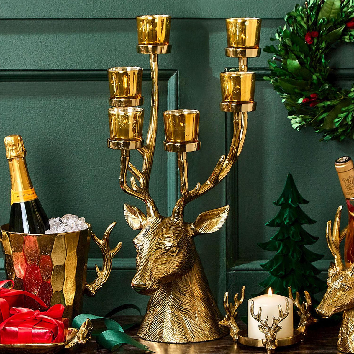 Gold Stag Candelabrum Centerpiece with Six Removeable Tealight Candleh ...